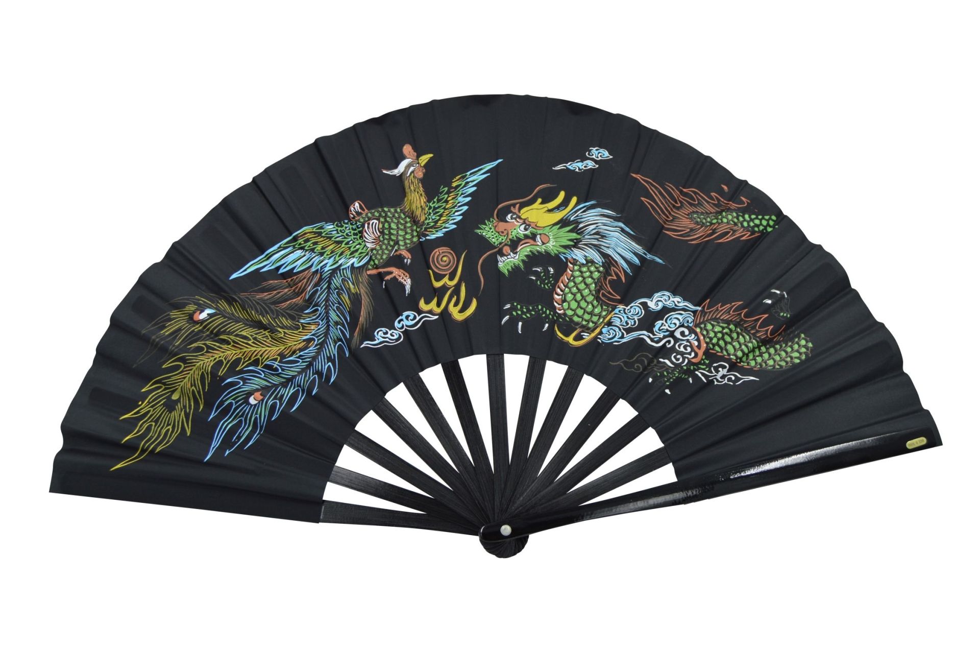 Tai Chi Bamboo fan, black, with Dragon picture
